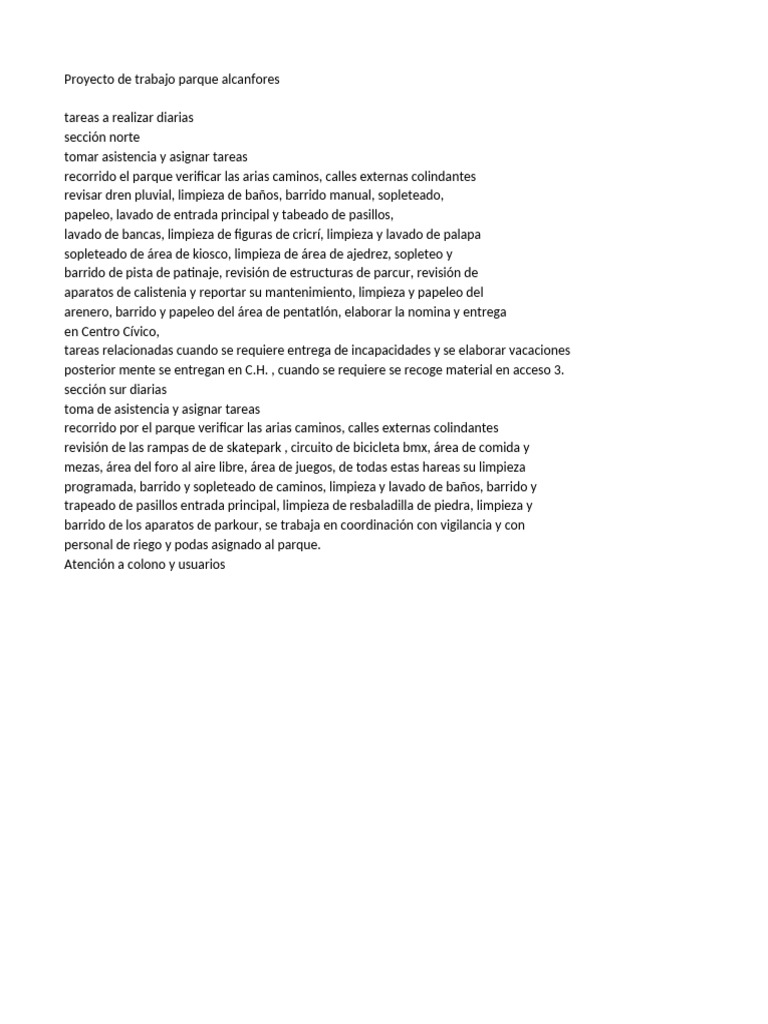 Plan de Trabajo Parque Alcanfores | PDF