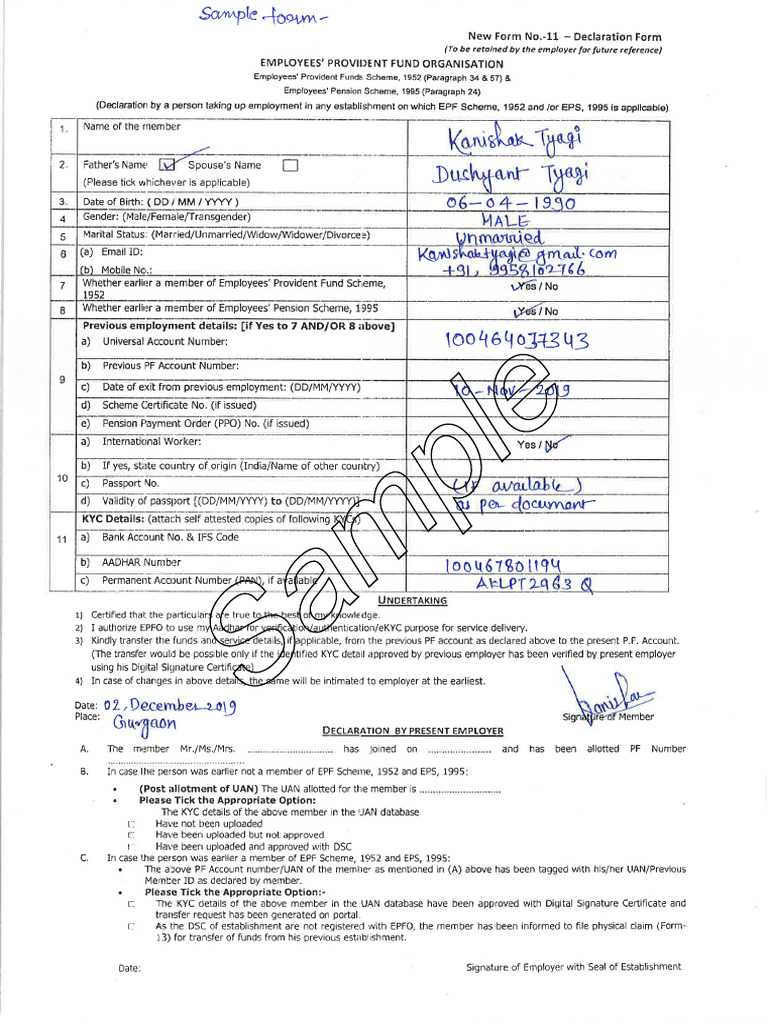 Sample - Form 11 - Employees Provident Fund - Sample | PDF