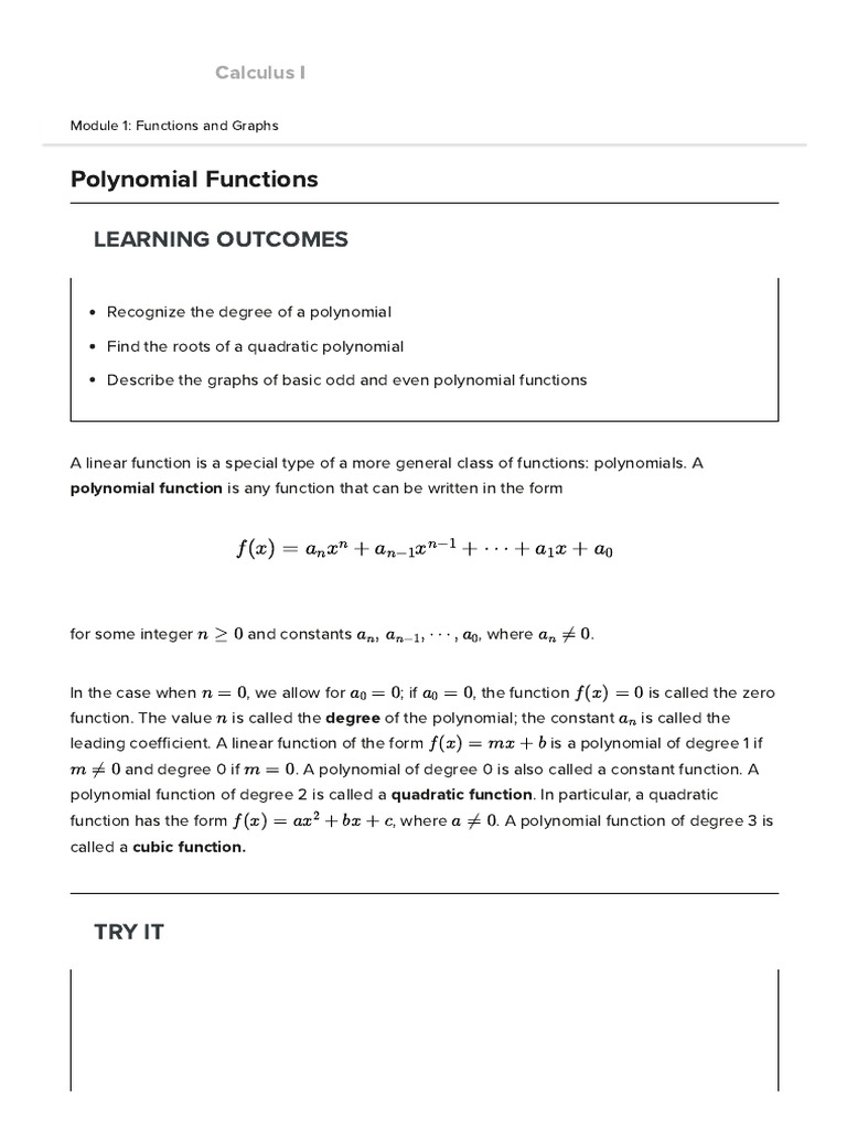 Polynomial Functions - Calculus I | PDF | Polynomial | Function ...