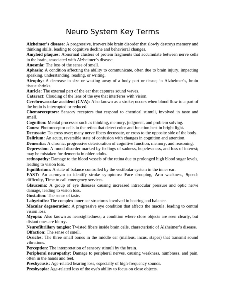 Neuro System Key Terms | PDF | Senses | Nervous System