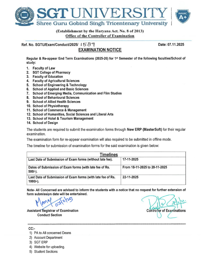 Examination Notice For 1st Semester End Term Examinations December 2025 ...