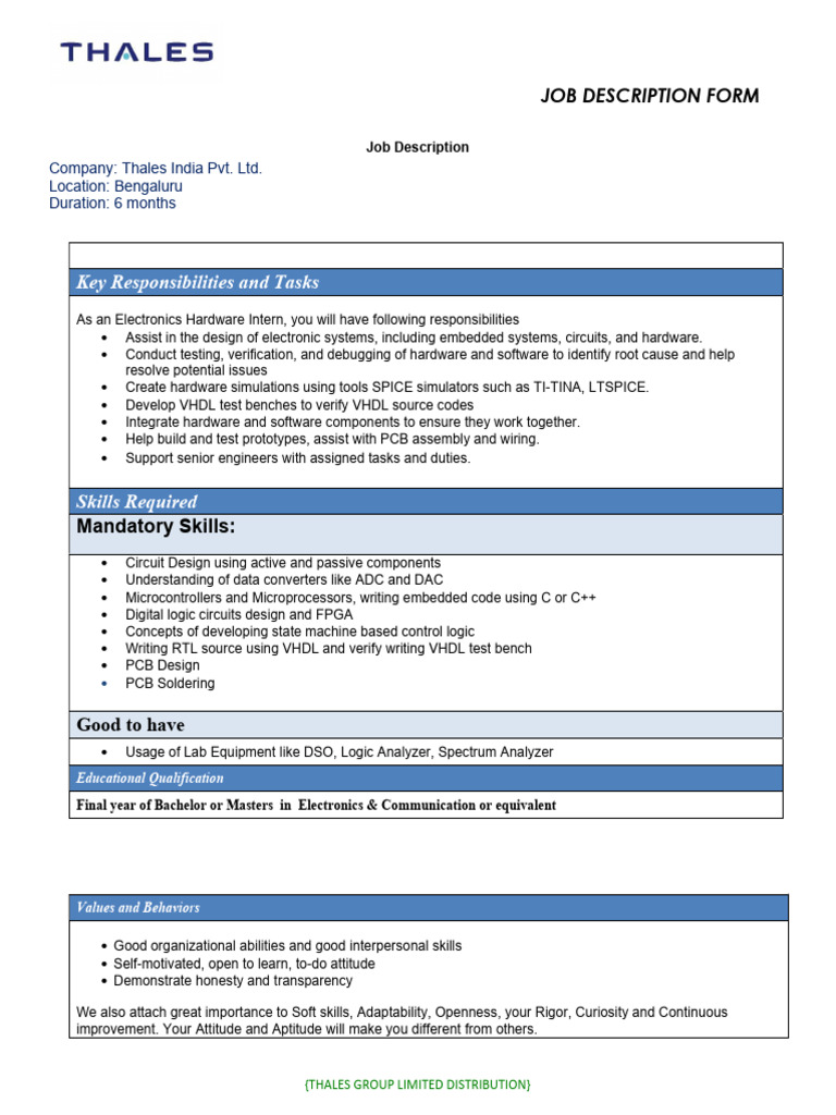 Electronics Hardware Intern Job Description | PDF