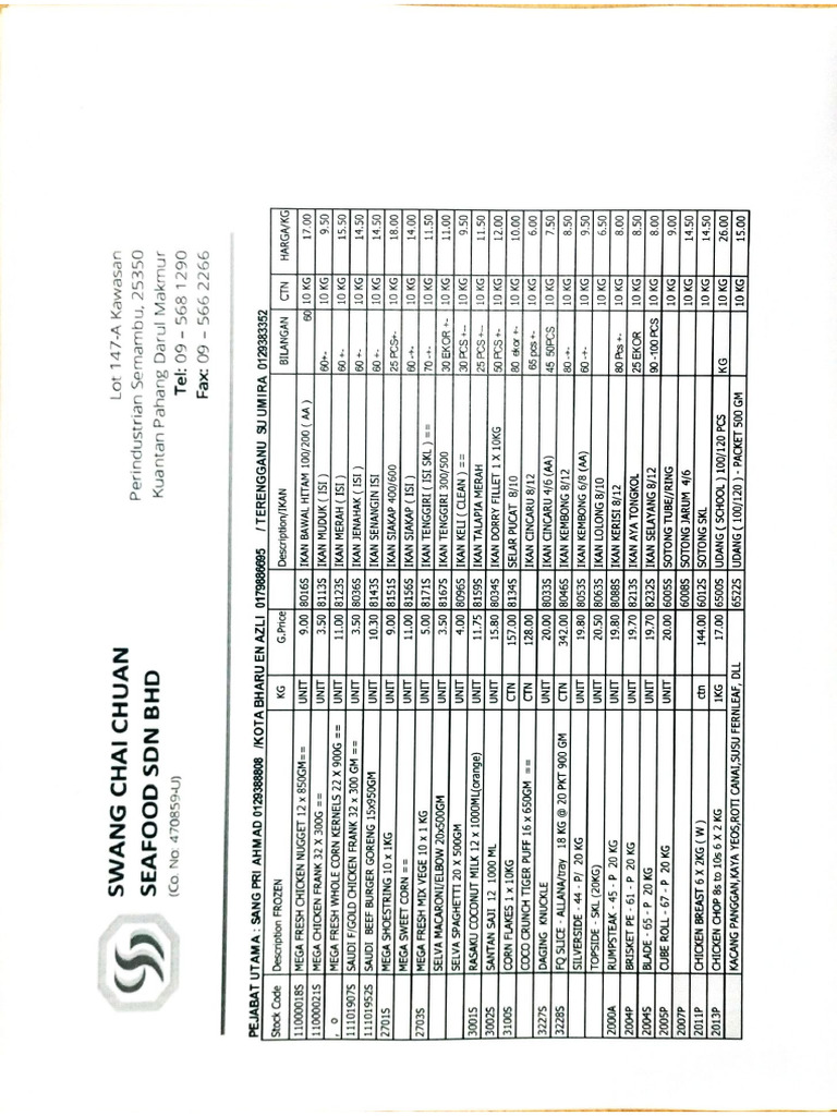 SCC Quantion Harga Seafood | PDF