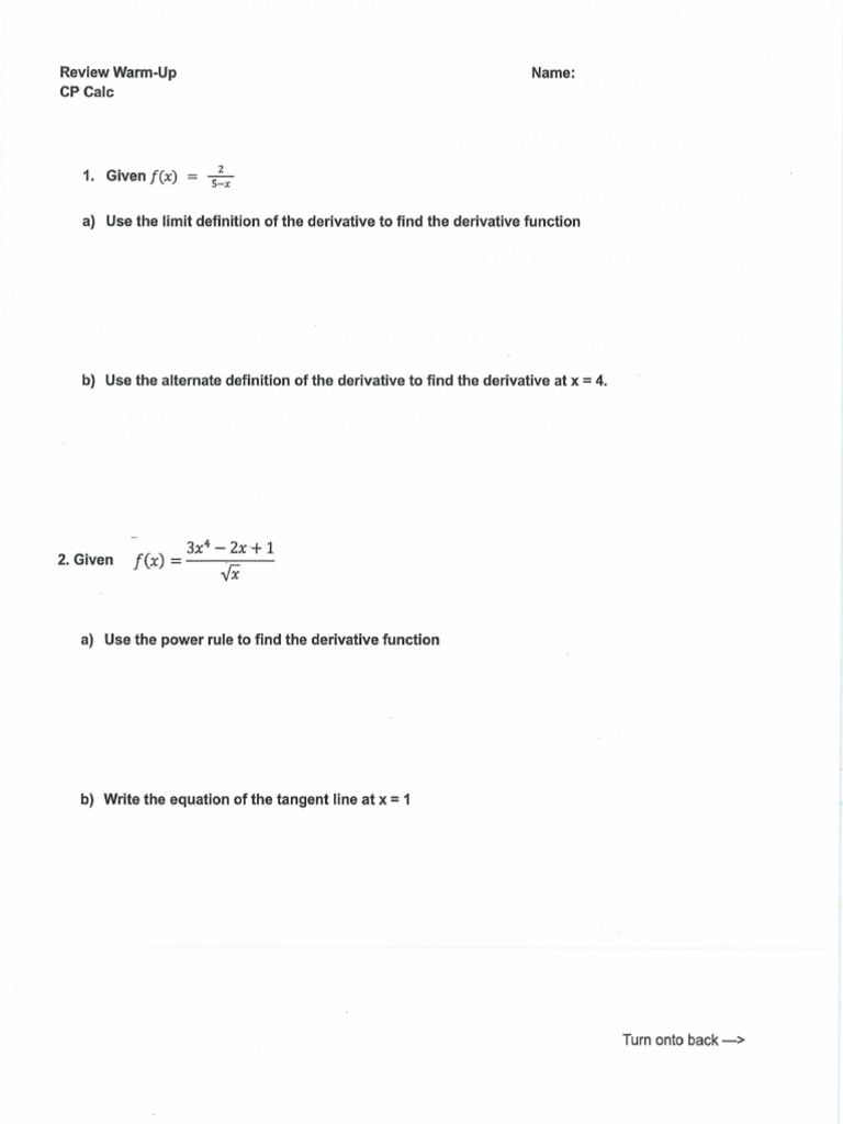 CP Calc Derivative Unit Review Warm-Up (Blank & Key) | PDF ...