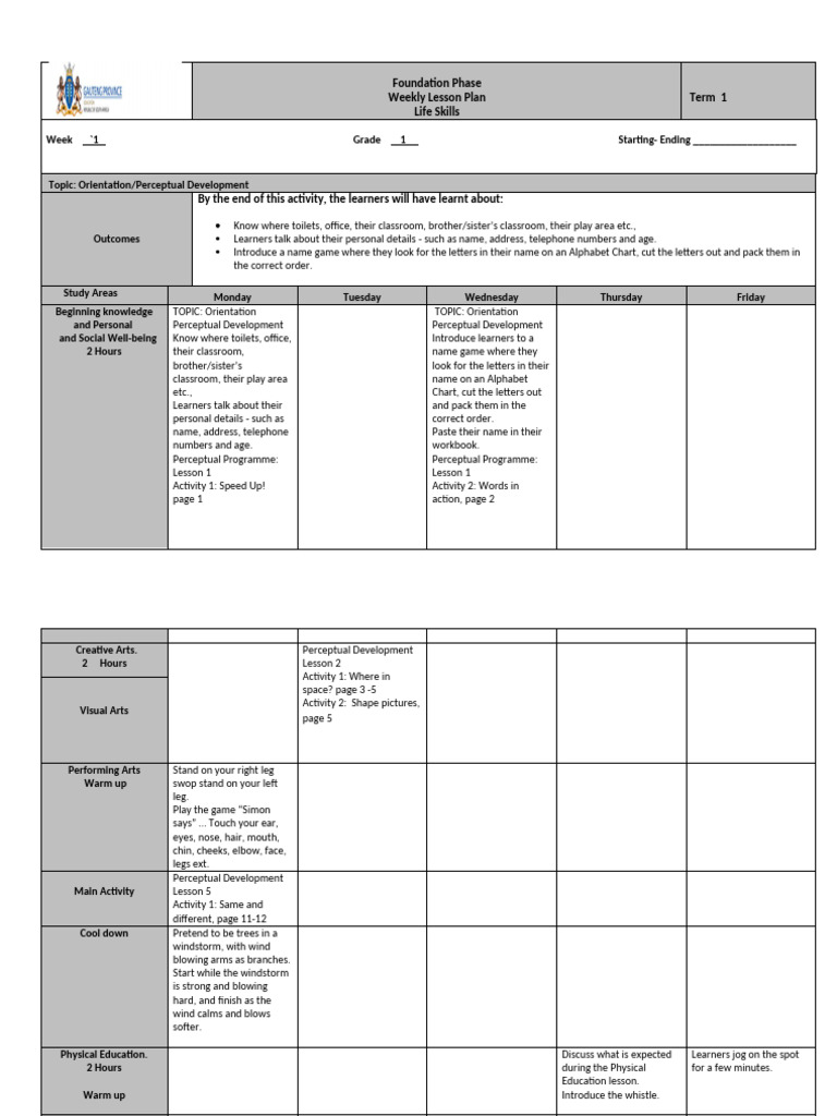 Grade 1 Life Skills Weekly Plan | PDF | Human Communication | Cognitive ...