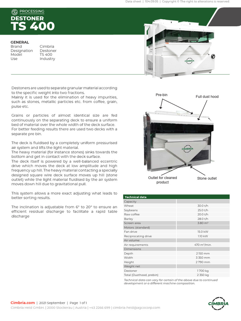 Cimbria TS 400 Destoner Specifications | PDF