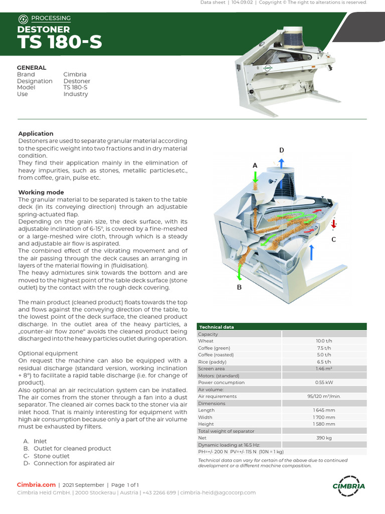 Cimbria TS 180-S Destoner Overview | PDF