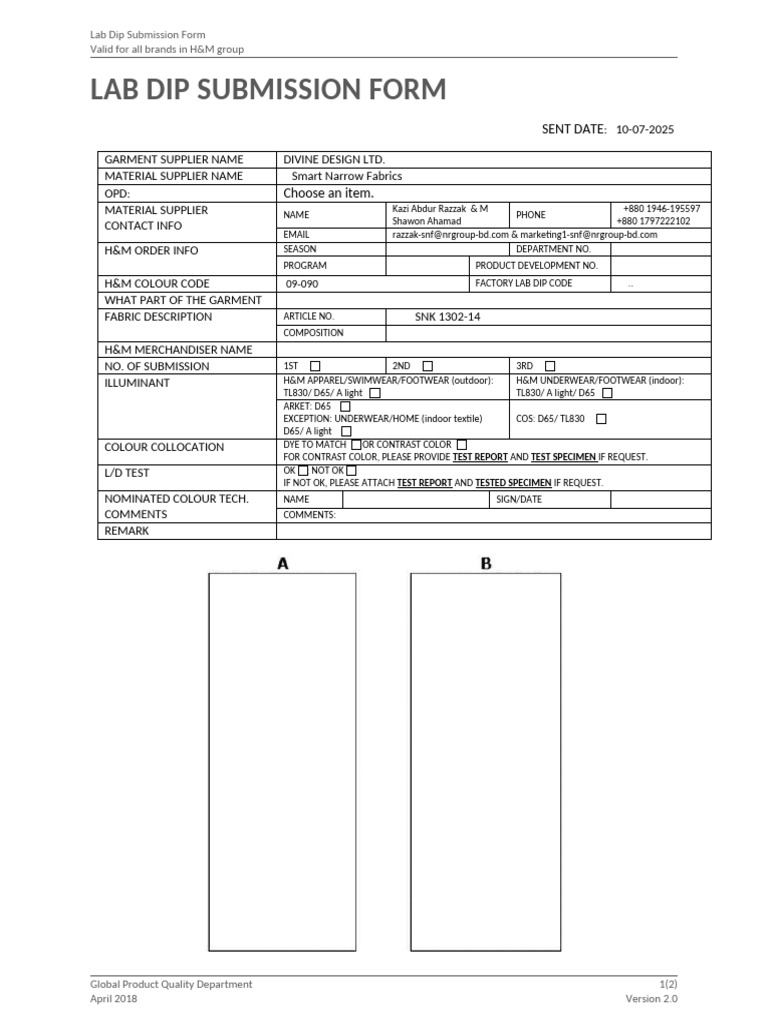H&M Lab Dip Submission Form Guide | PDF | Softlines (Retail) | Human ...