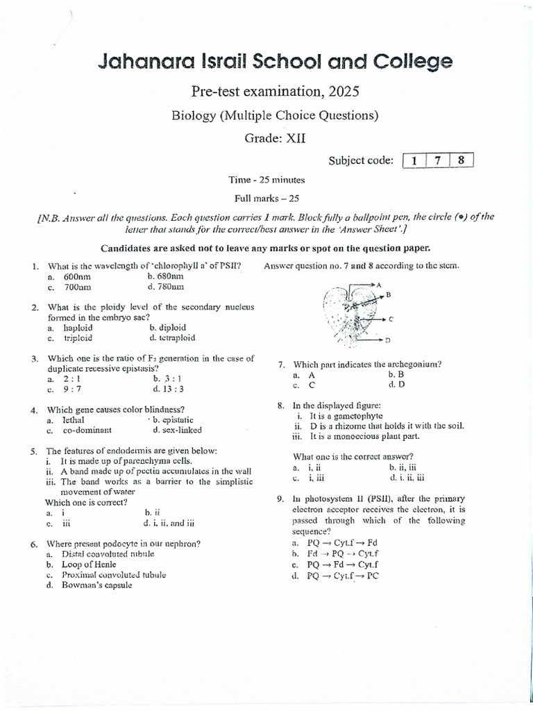 Biology Question Pre-Test | PDF