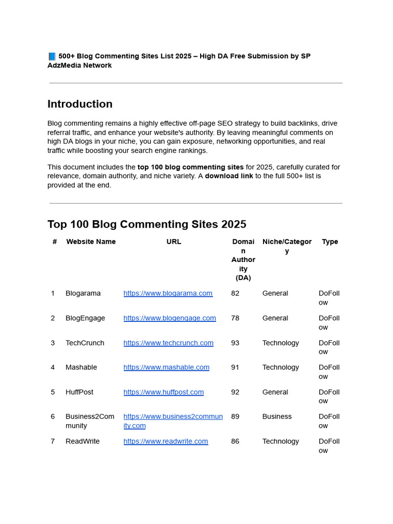 2025 High DA Blog Commenting Sites List | PDF | Search Engine ...