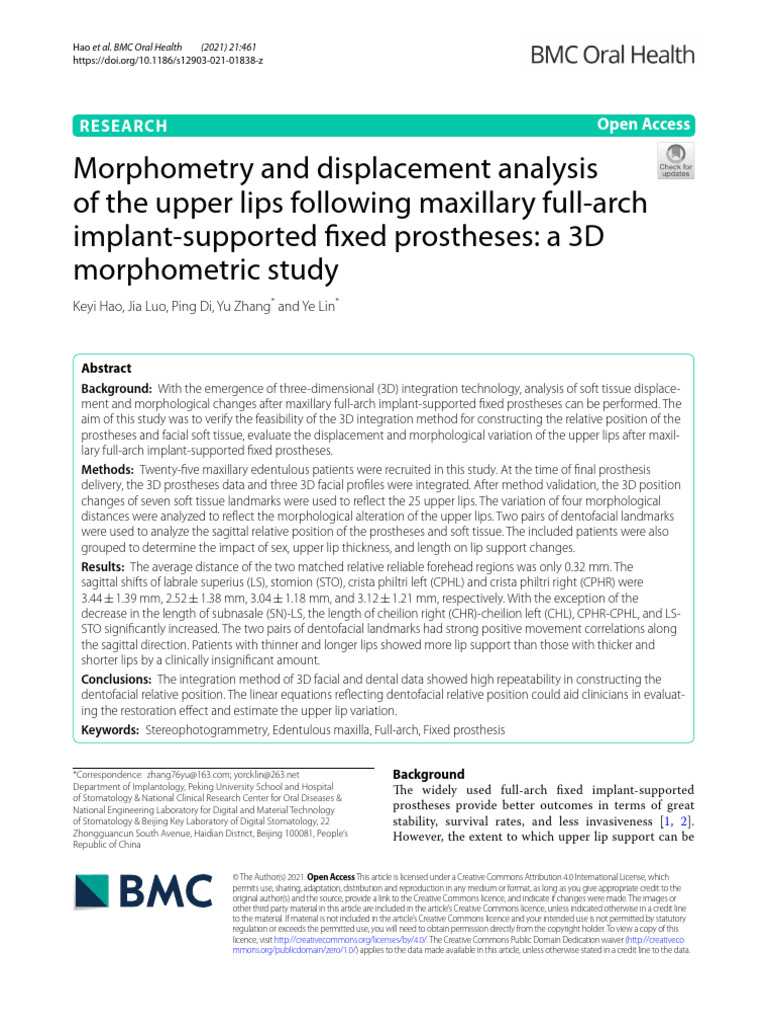 Morphometry and Displacement Analysis of The Upper Lips Following ...