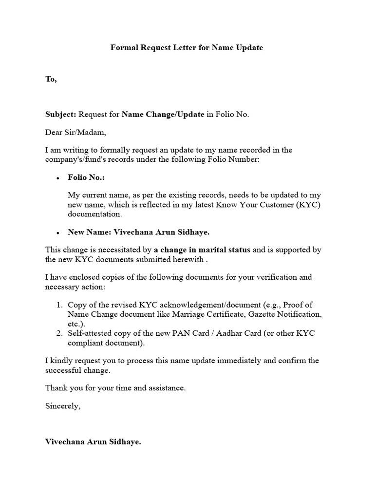 Formal Name Change Request Letter | PDF