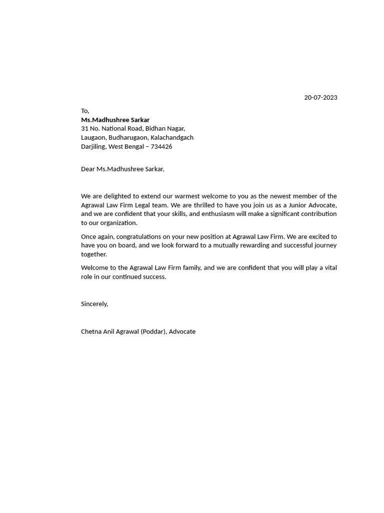 Welcome Letter to Junior Advocate | PDF