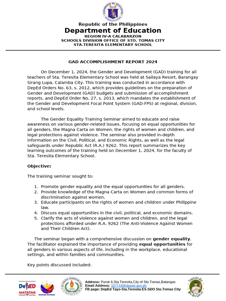 Gad Accomplishment Report 2024-Stes | PDF | Violence | Discrimination
