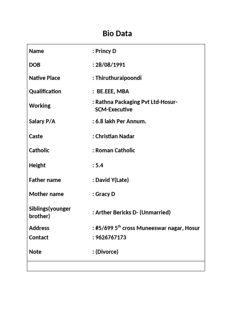 Bio Data-Princy D | PDF