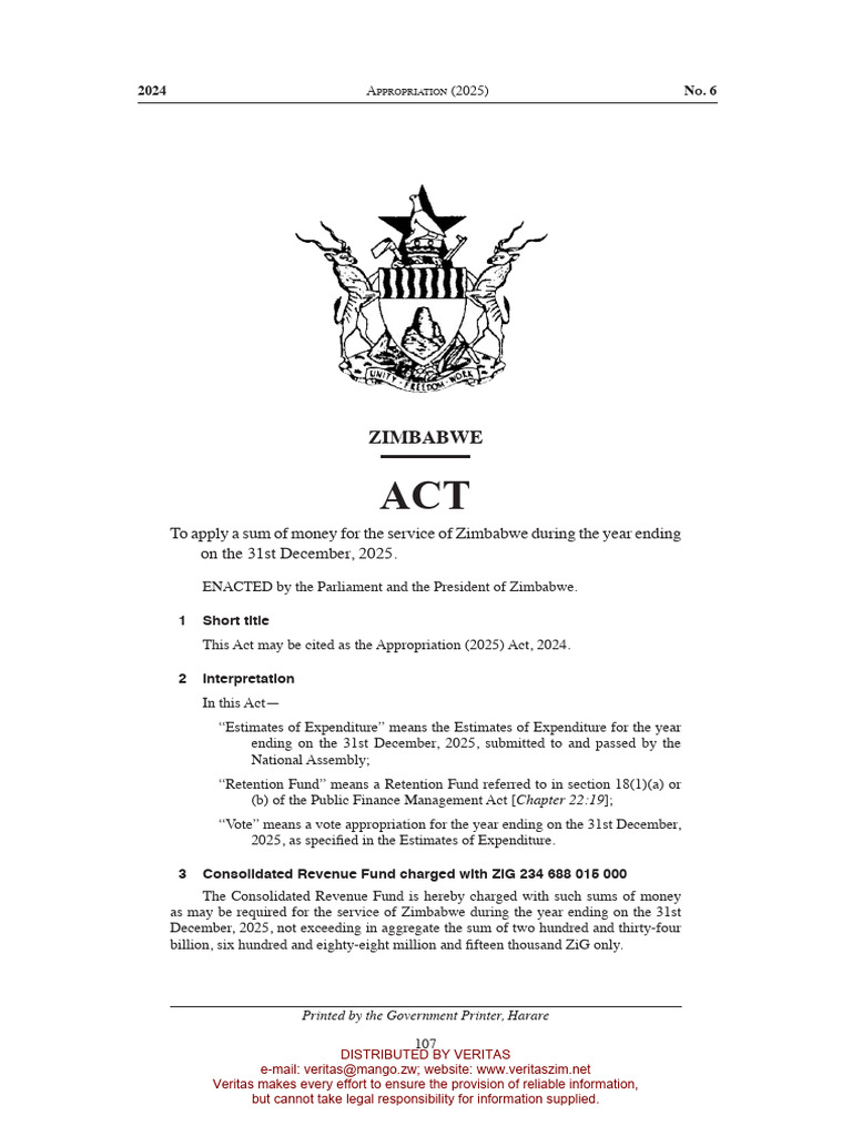 Zimbabwe Appropriation Act 2025 Summary | PDF | Agriculture ...
