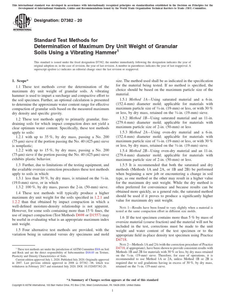 D7382-20 Determination of Maximum Dry Unit Weight of Granular Soils ...