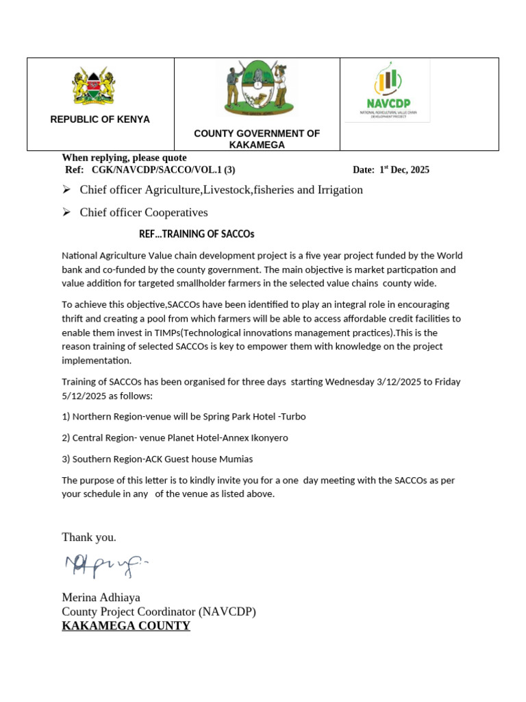 SACCO Training Invitation - Kakamega County | PDF