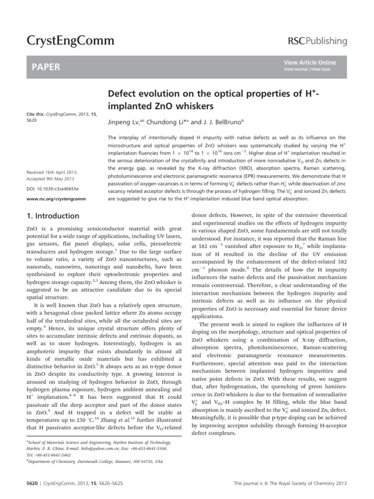 (IM) Defect Evolution On The Optical Properties of H+ Implanted ZnO ...