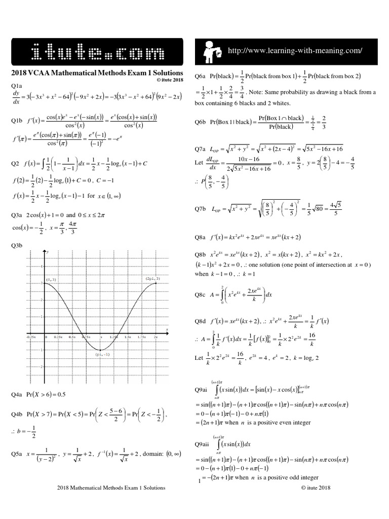 2018 VCAA Mathematical Methods Exam 1 Solutions 1 | PDF