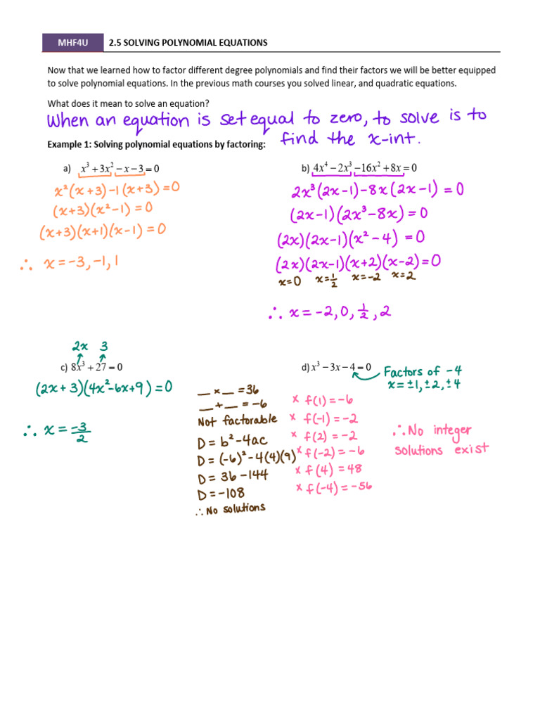 2.05 Solving Polynomial Equations | PDF | Factorization | Equations