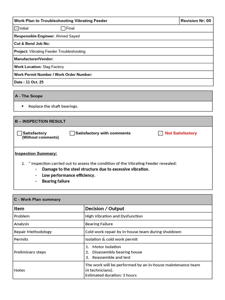 Work Plan For Troubleshooting A Vibrating Feeder - Revision No. 00 ...