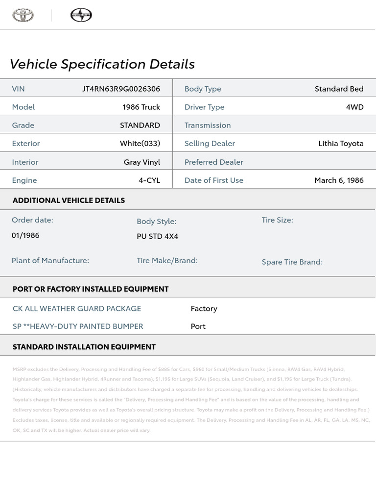 Vehicle Specs - 1986 Truck STANDARD | PDF