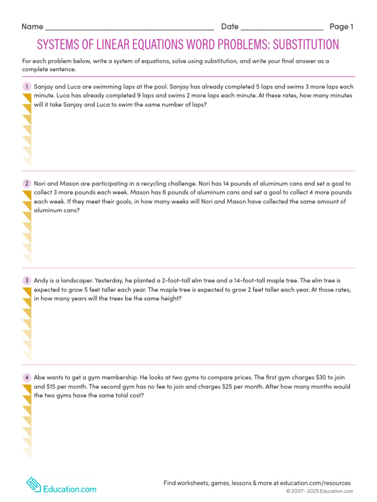 Systems of Linear Equations Word Problems Substitution | PDF