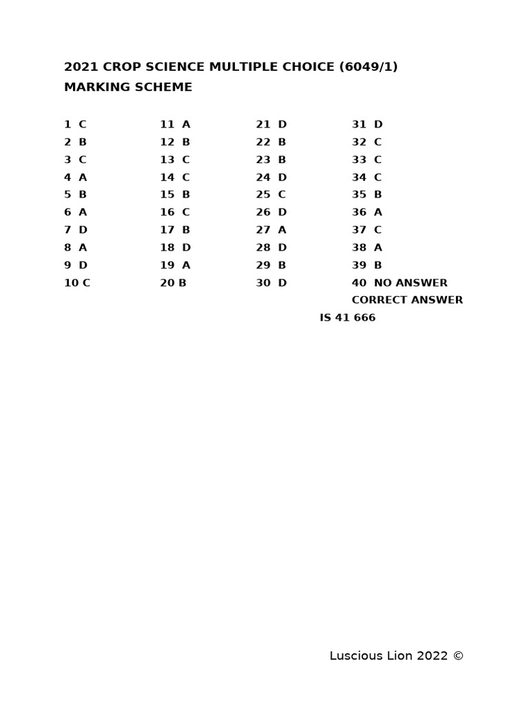 2021 Crop Science Multiple Choice Marking Scheme | PDF