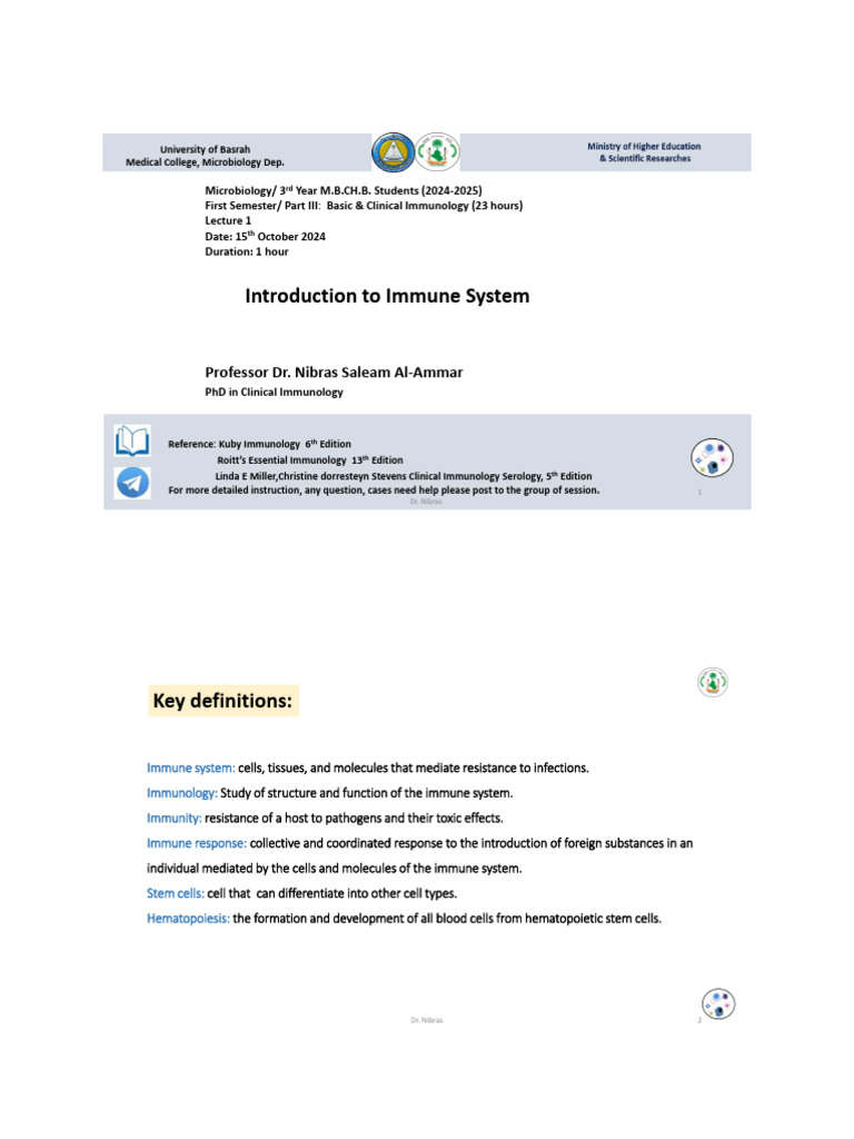 1.immunology Lecture 1 Introduction To Basic Immunology | PDF | Immune ...