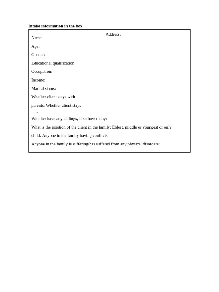 Intake Information in The Box | PDF | Family | Social Psychology