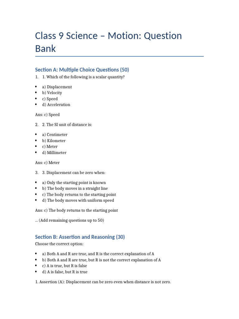 Class 9 Motion Question Bank | PDF