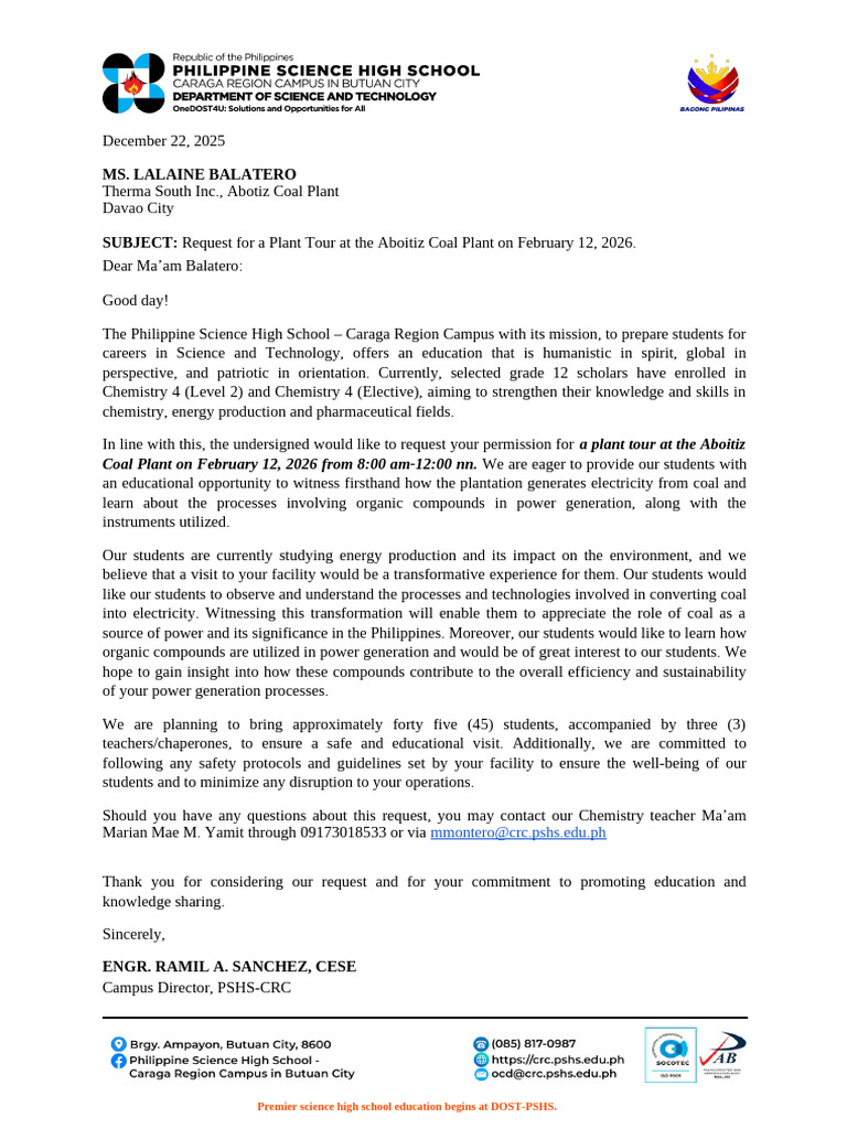 2026 Letter To Plant Tour Aboitiz Coal Plant | PDF