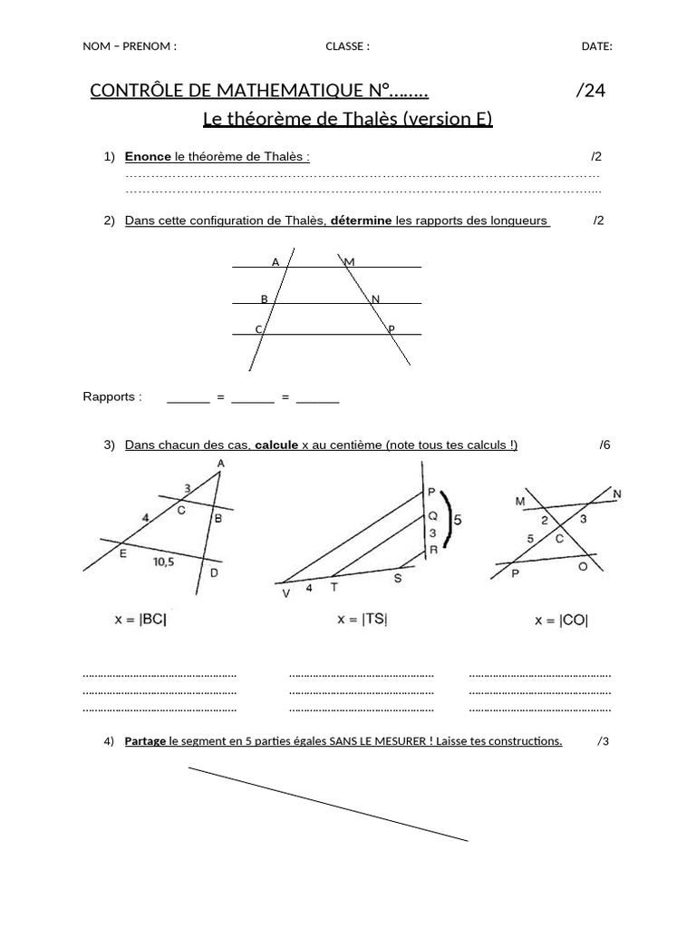Chapitre 3 - Thalès Interro Version E | PDF | Géométrie euclidienne ...