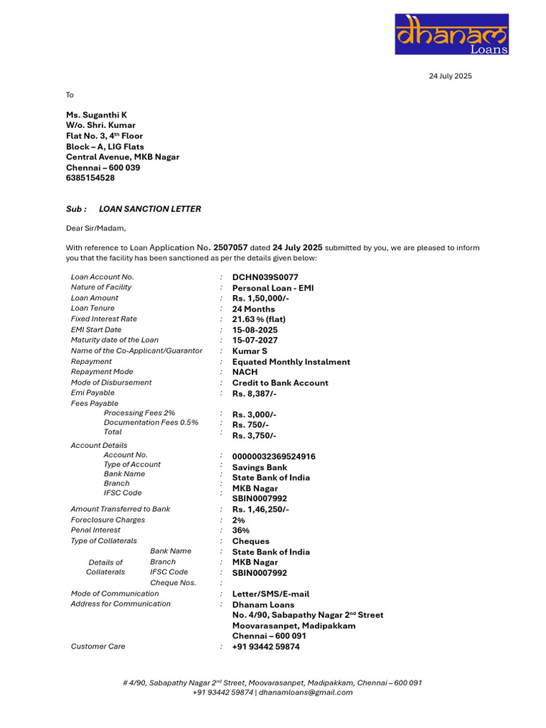 Sanction Letter DCHN039S0077 | PDF | Loans | Banks