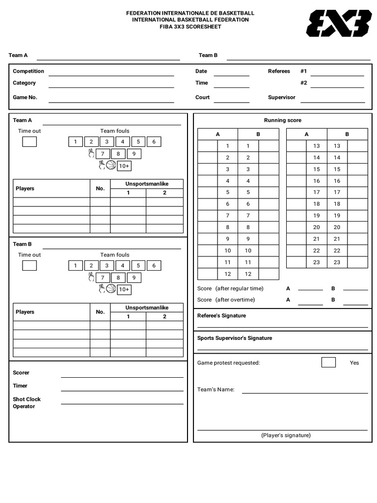 FIBA 3x3 Basketball Scoresheet Template | PDF