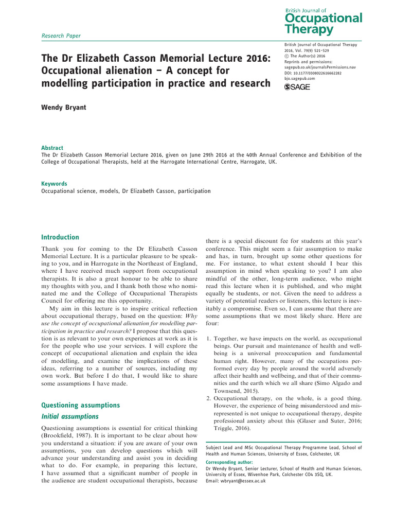 Bryant 2016 Occupational Alienation - A Concept For | PDF ...