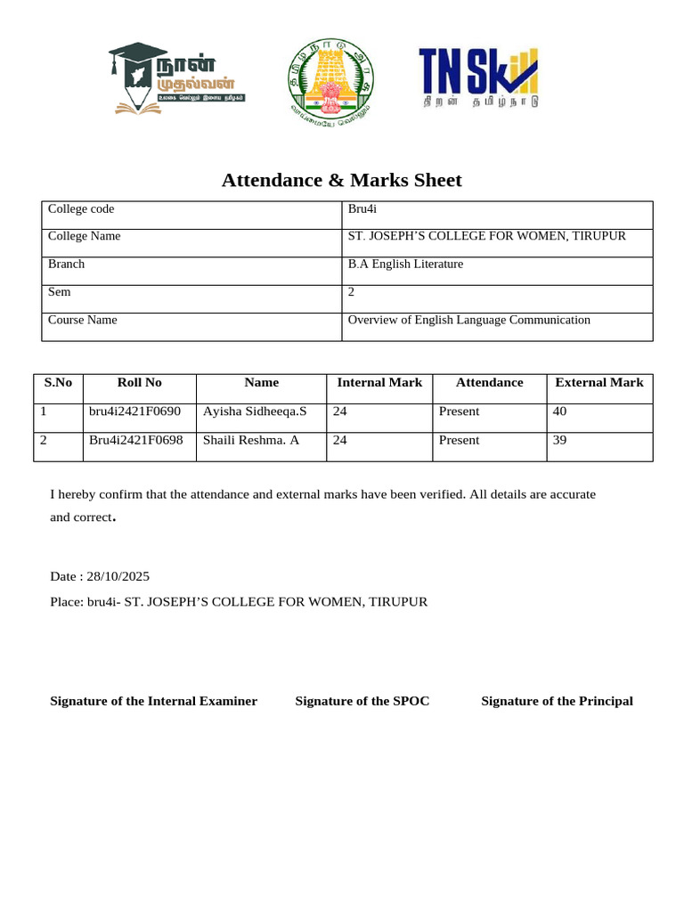 Attendance & Marks Sheet for Sem 2 | PDF
