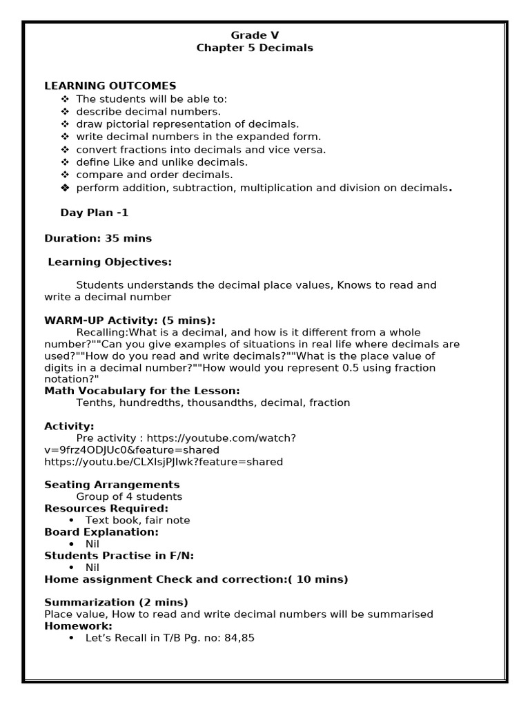 Understanding Decimals: Grade V Curriculum | PDF | Decimal | Numbers