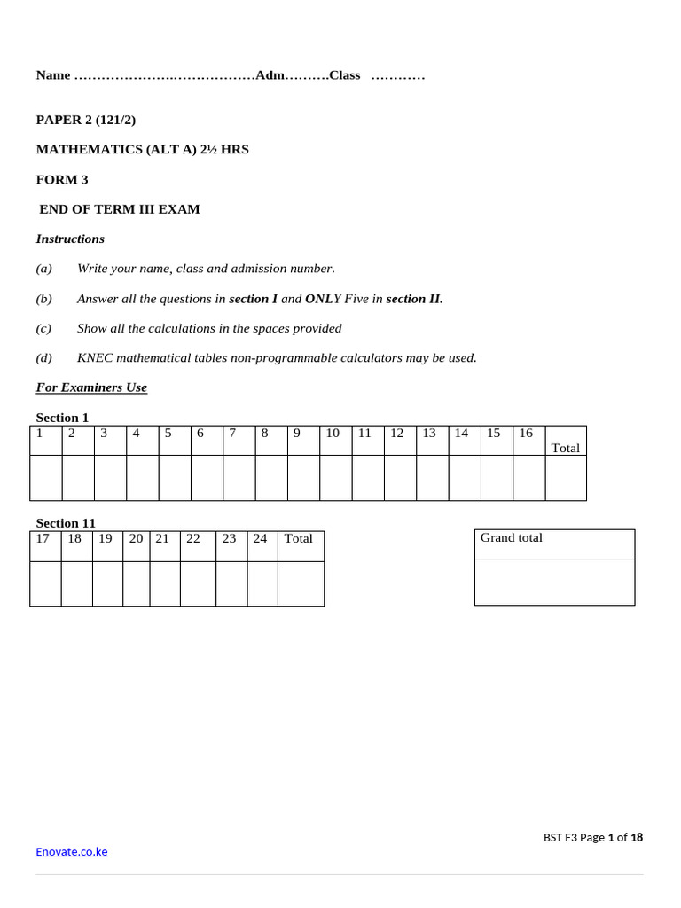 Mathematics f3 Pp2 Qs-1 | PDF | Quadratic Equation | Circle