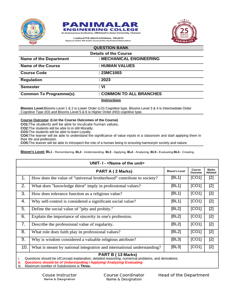 Mechanical Engineering Human Values Exam | PDF | Behavioural Sciences ...
