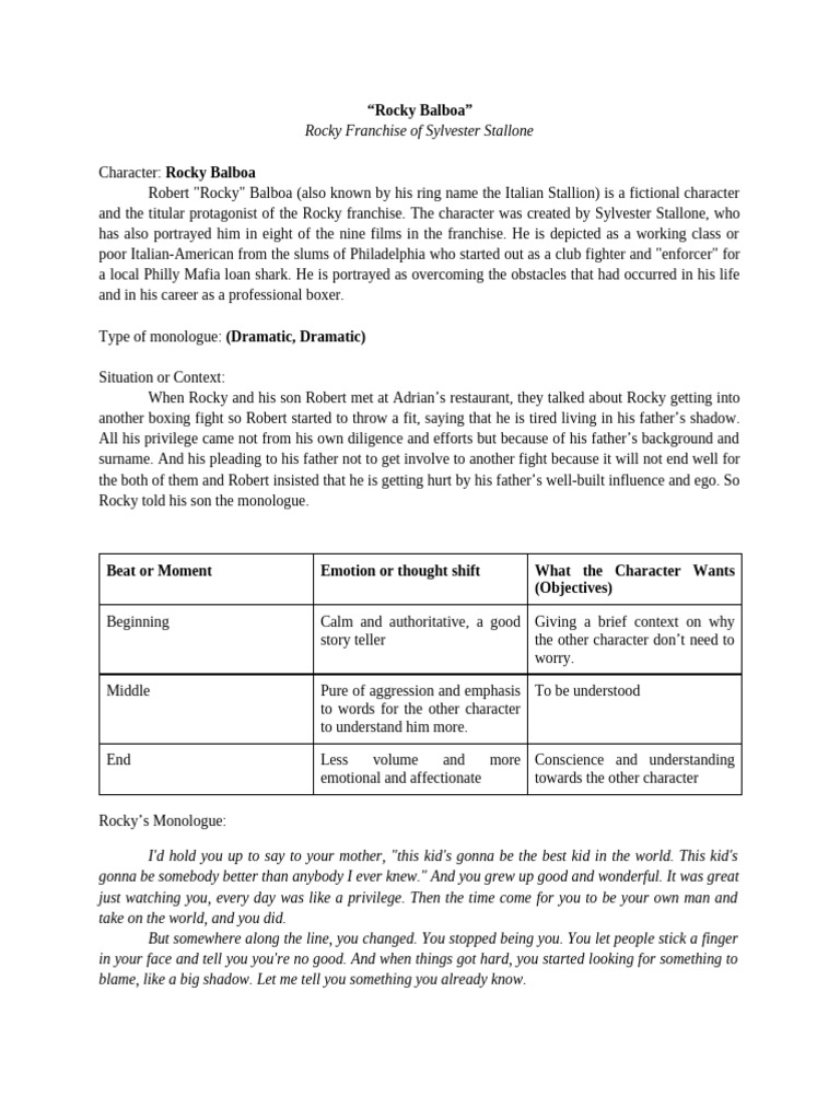 Rocky Balboa's Emotional Monologue Analysis | PDF