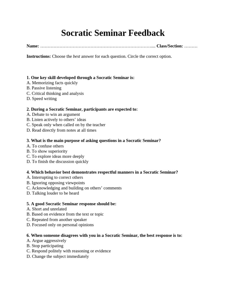 Socratic Seminar Skills Assessment | PDF