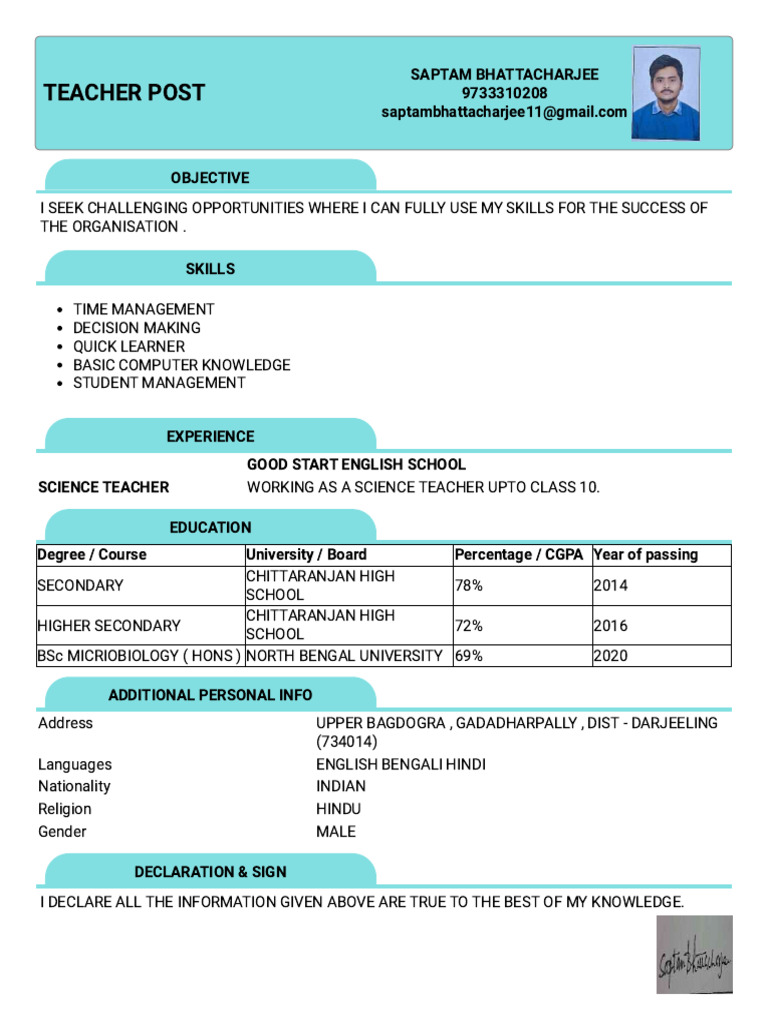Science Teacher Resume - Saptam Bhattacharjee | PDF