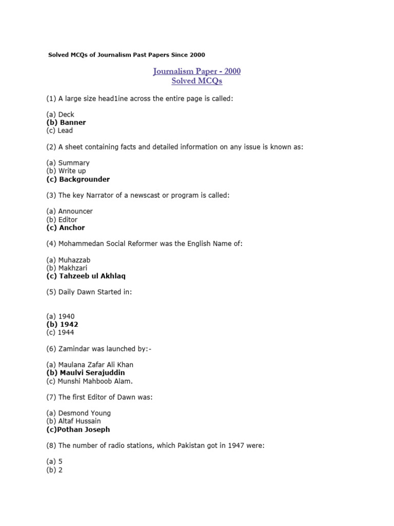 Solved MCQs on Journalism Papers | PDF | Communication | Newspapers