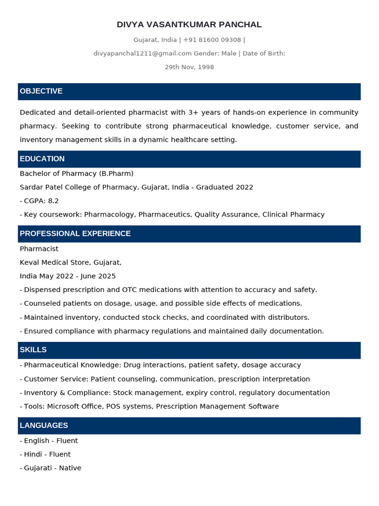 Divya Panchal Professional Resume | PDF