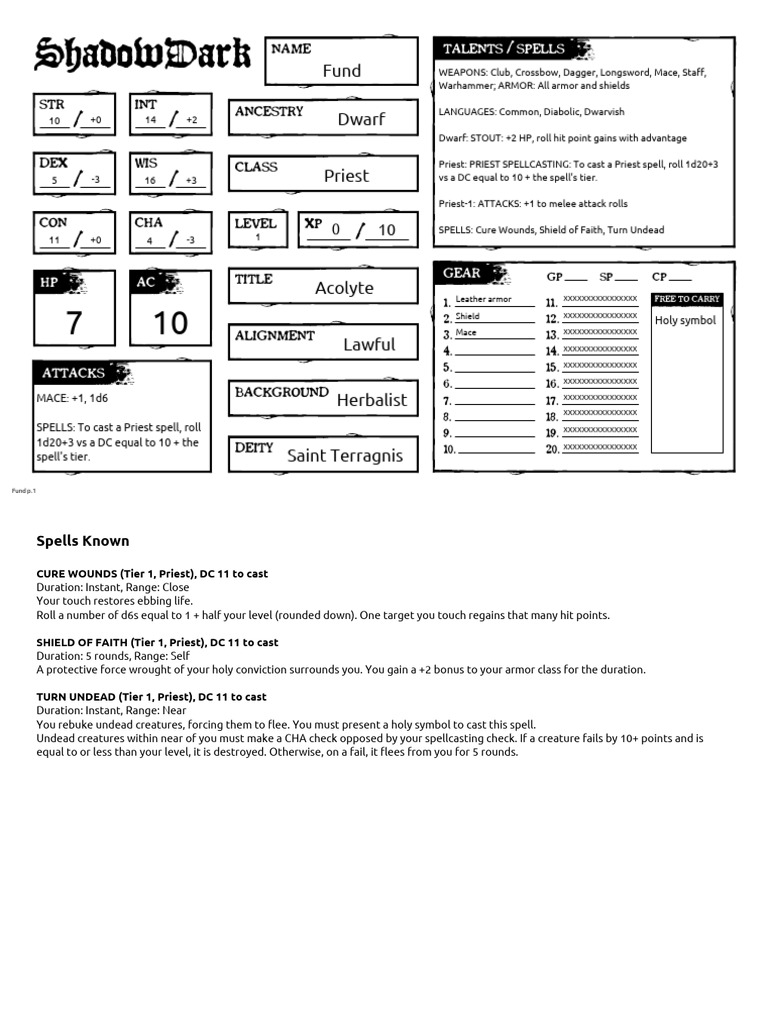 Dwarf Priest Character Sheet Guide | PDF
