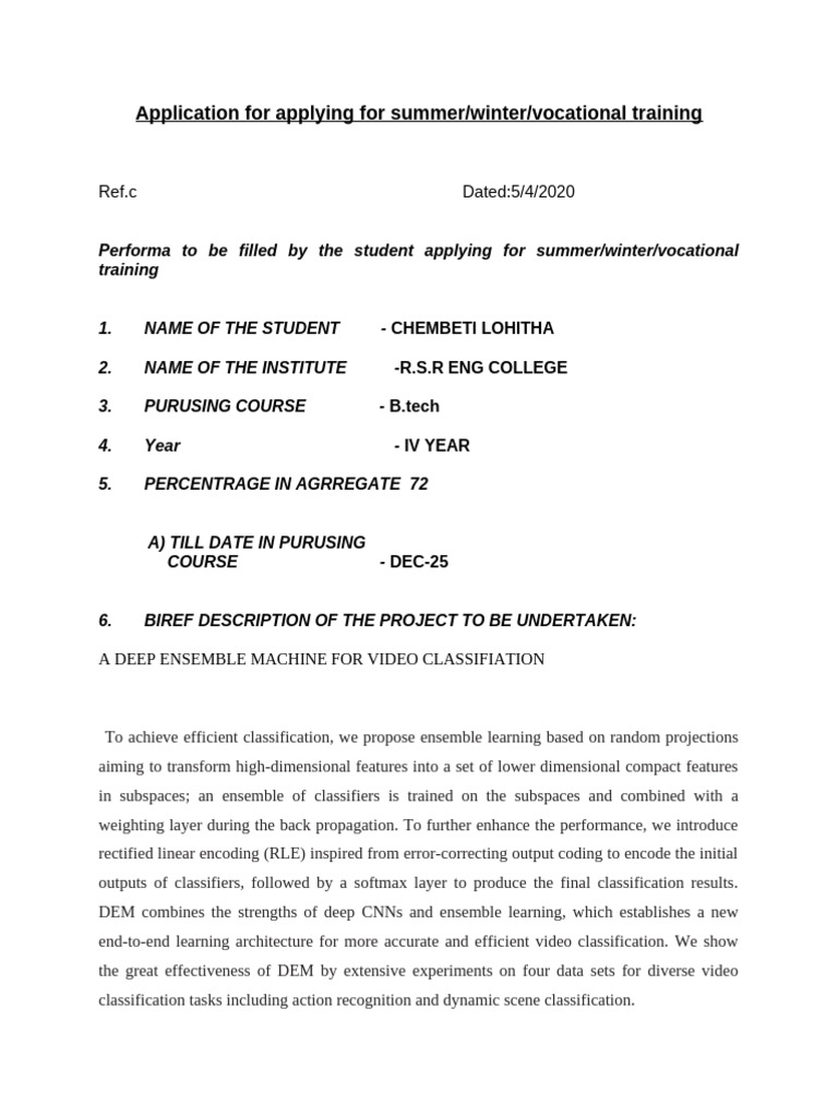 Summer Vocational Training Application | PDF