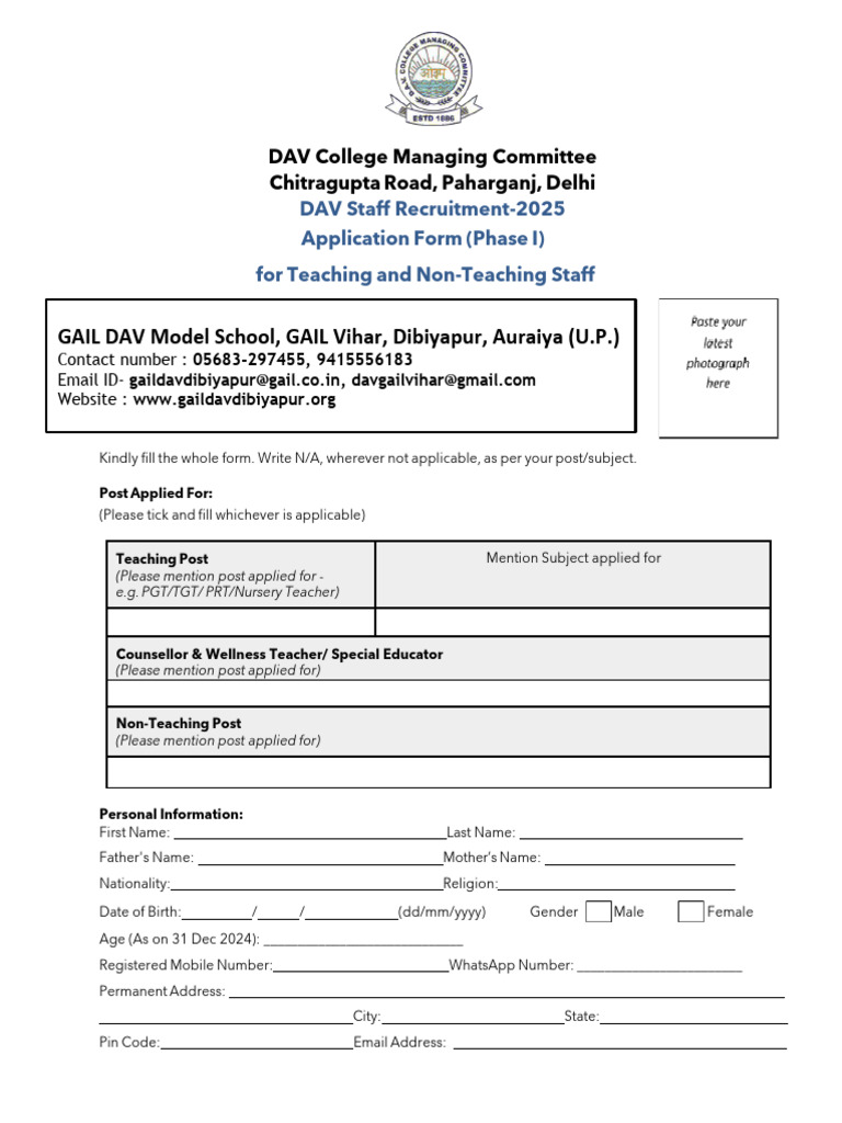 DAV College Staff Recruitment Form 2025 | PDF