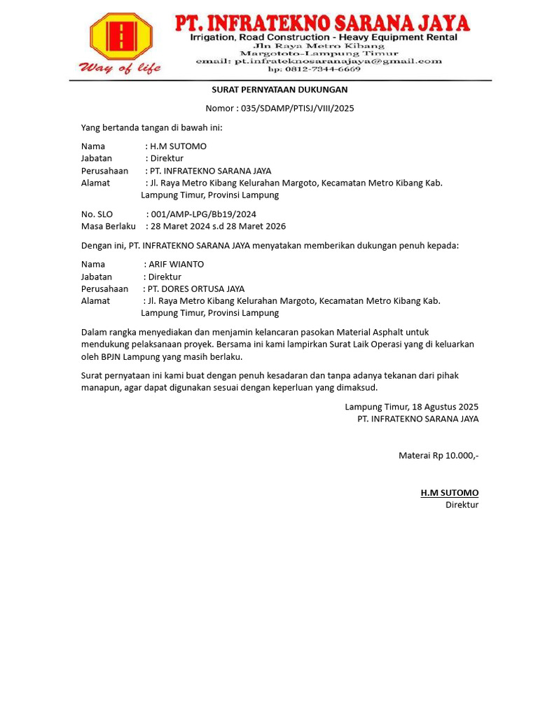 Surat Dukungan PT Infratekno Sarana Jaya | PDF